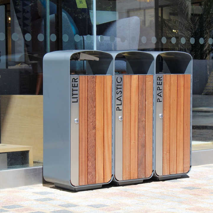 Durable Outdoor Wooden Trash Bin with Triple Stainless Steel
