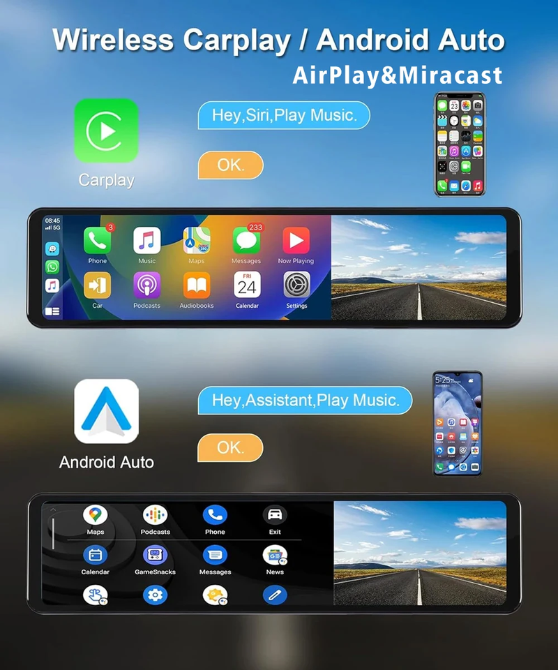 12 Inch Dash Cam 4K 2160P - Car DVR with Carplay Support