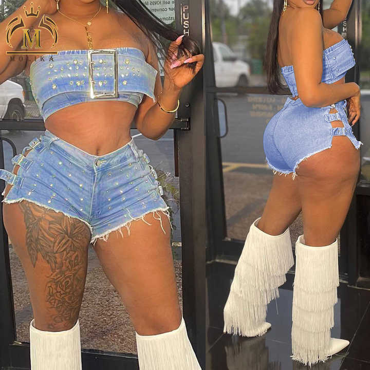 Summer 2024 Ladies Denim Outfits Stretch Crop Belt Vest Mini Skirt 2