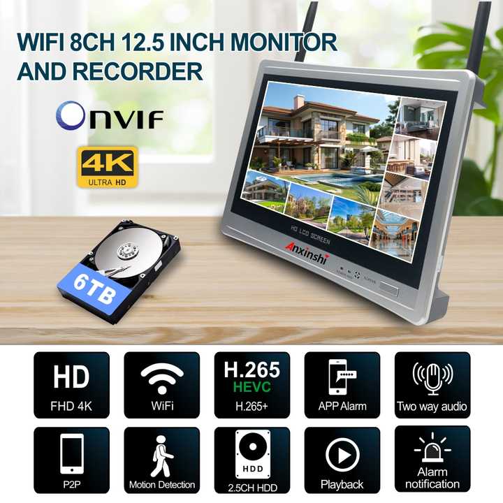 8CH Wifi NVR Monitor with 12.5 Inch LCD Screen - 4K HD