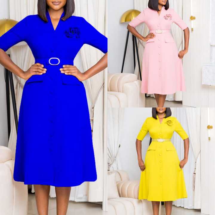 D416 Latest Design Autumn Dresses 2024 Solid Color V-neck Button ...