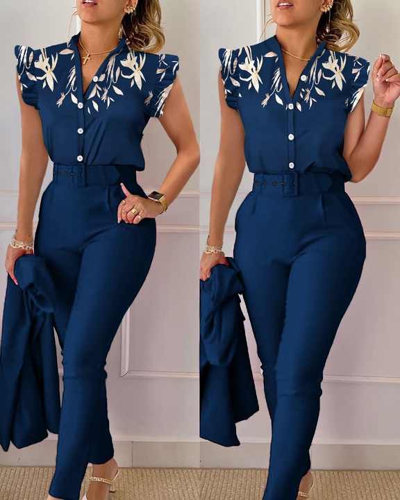 Women's Fashion Casual Two Piece Set Ruffle Sleeve Vest and Short Pants ...