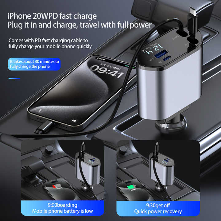 Universal Mobile Phone Car Charger 120w Super Fast Charge 4-in-1 Hidden ...