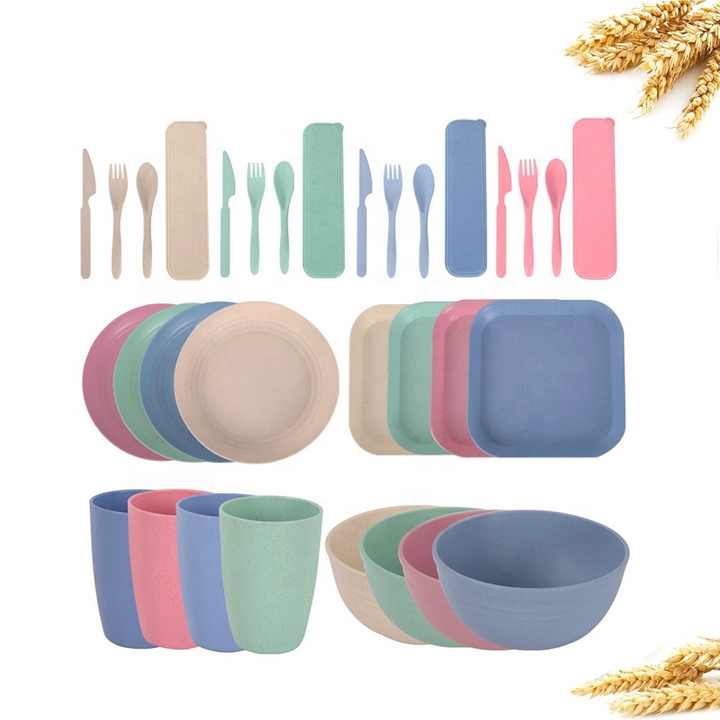 32pcs Eco-Friendly Dinnerware - Bamboo Fiber & Wheat Straw