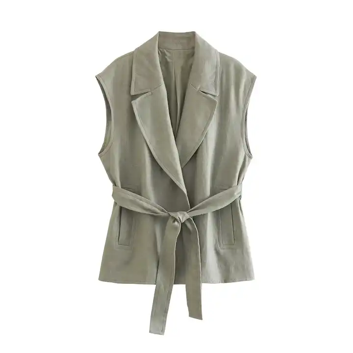 KAR&OT ZA 2024 Spring New Linen Vest With Belt Light Green Casual Vest ...