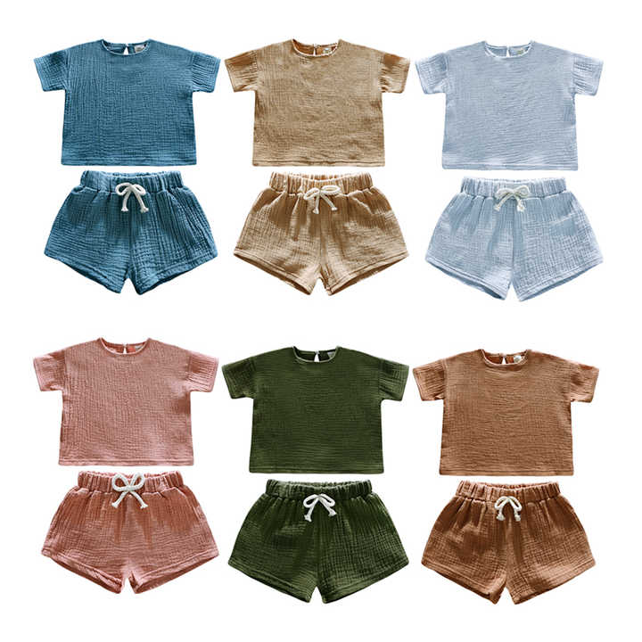 Custom Linen Cotton Kids Short Sets Boys Girls Clothing Solid Outfits ...