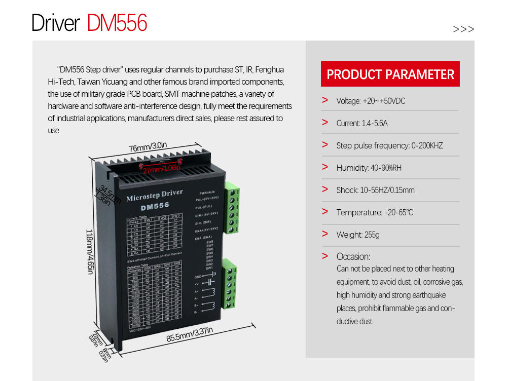 Low noise, low vibration, low temperature rise two-phase digital stepper driver DM556 is ...