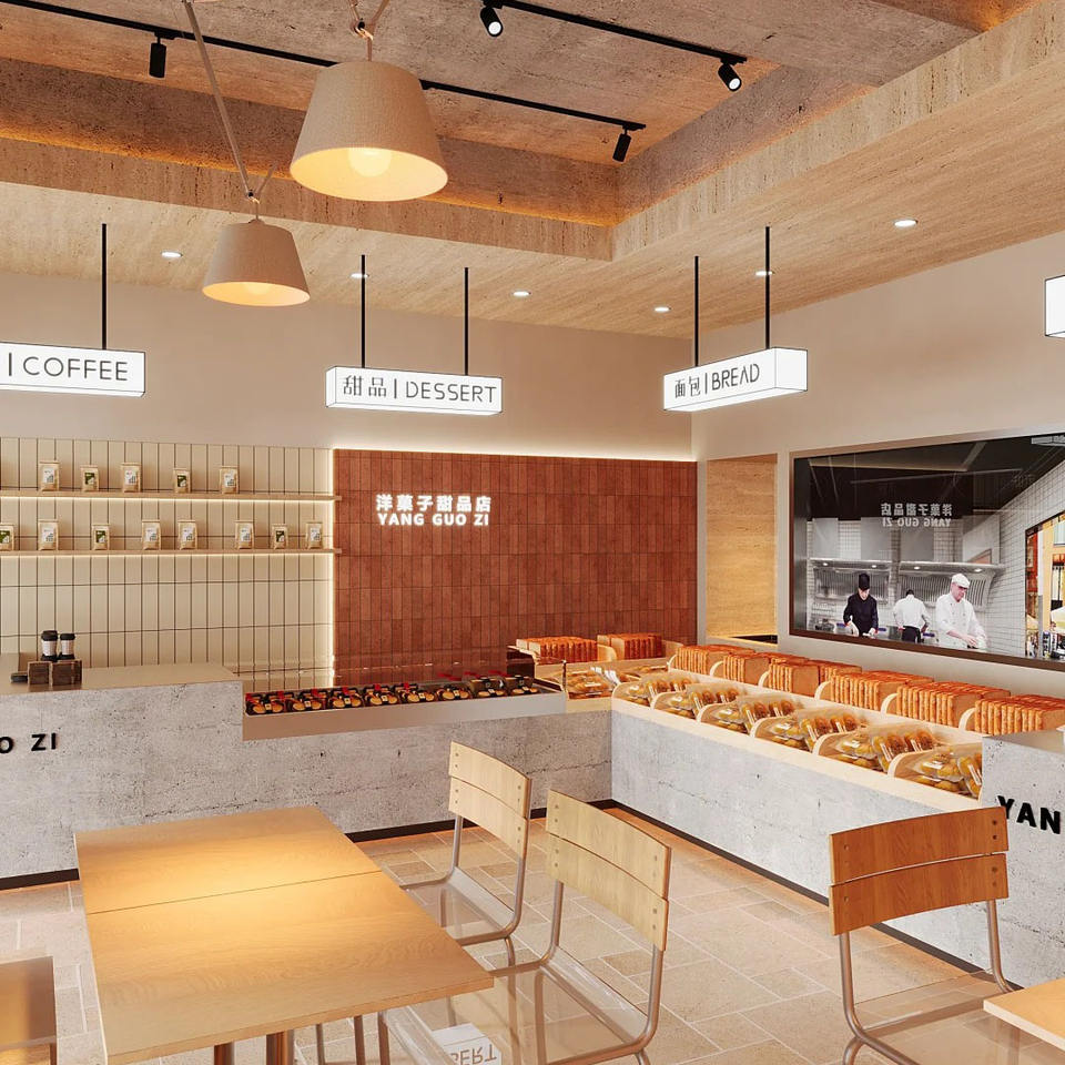 Minimalist Style Community Bakery Core Display Area Open Wood Display ...