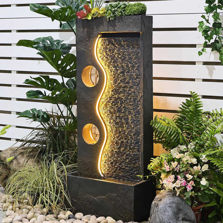 Modern Faux Rust Outdoor Water Fountain with LED Lights