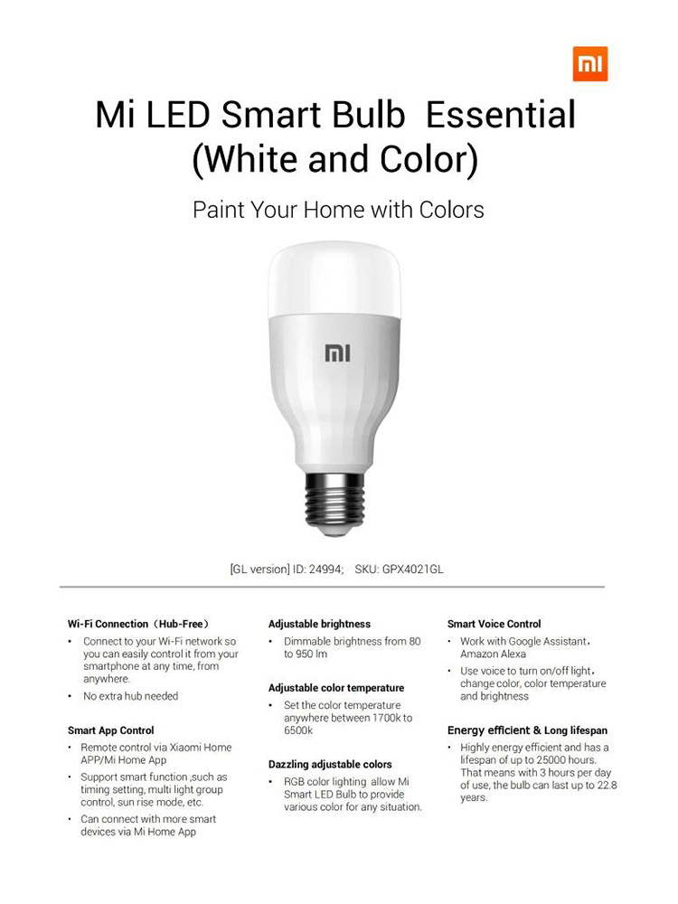 Xiaomi Mi LED Smart Bulb Essential White Color E27 Environmental Led ...