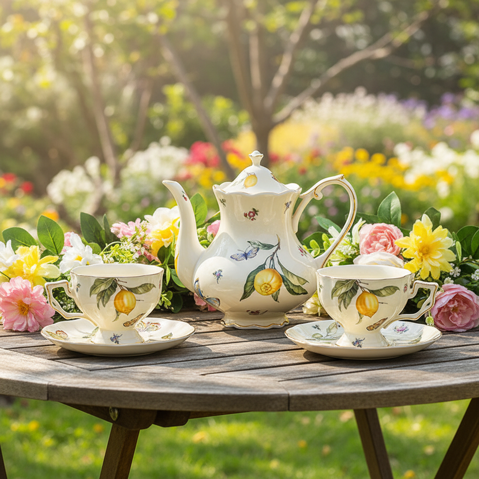 Vintage Lemon-Patterned European Tea Cup Set with Gold Trim, Elegant ...