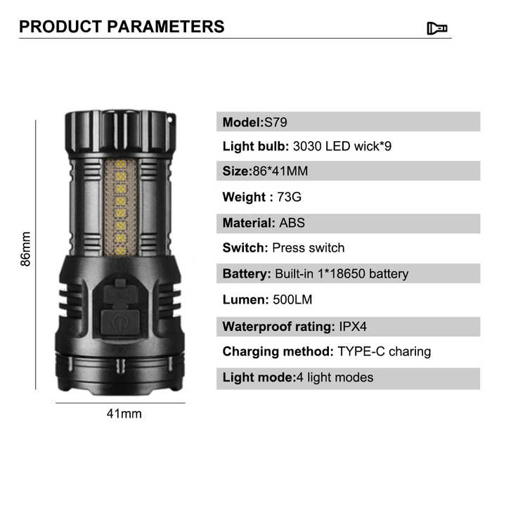 S79 Plastic Small Flashlight - 500lumen Rechargeable Torch