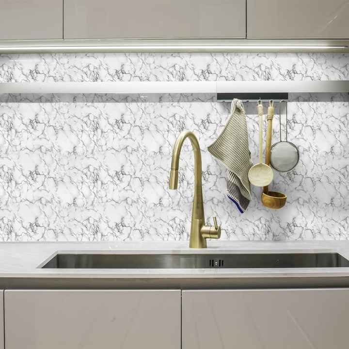 ORON DECO High Glossy Marble Kitchen Wall Paper White