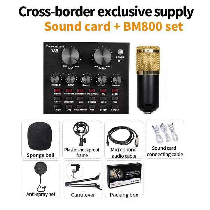 BM800 Audio Live Streaming, V8 Sound Card, Recording, Condenser Microphone, BM800 Professional ...