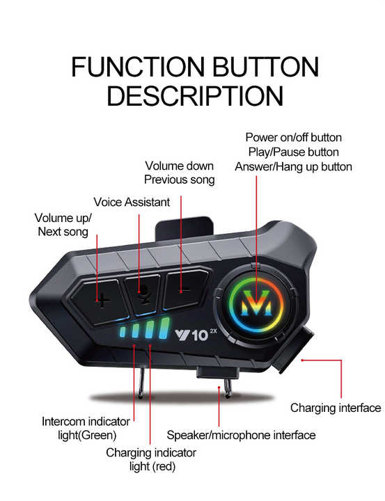 Y10 2X Motorcycle Intercom - Long Lasting Battery Life
