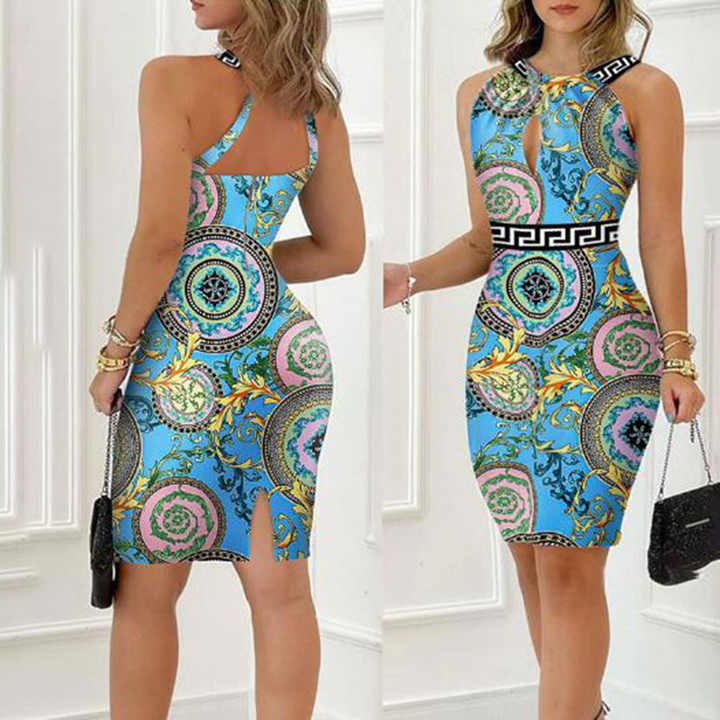 Fashion Print Women Black Rhinestone Decor Sleeveless Party Dress ...