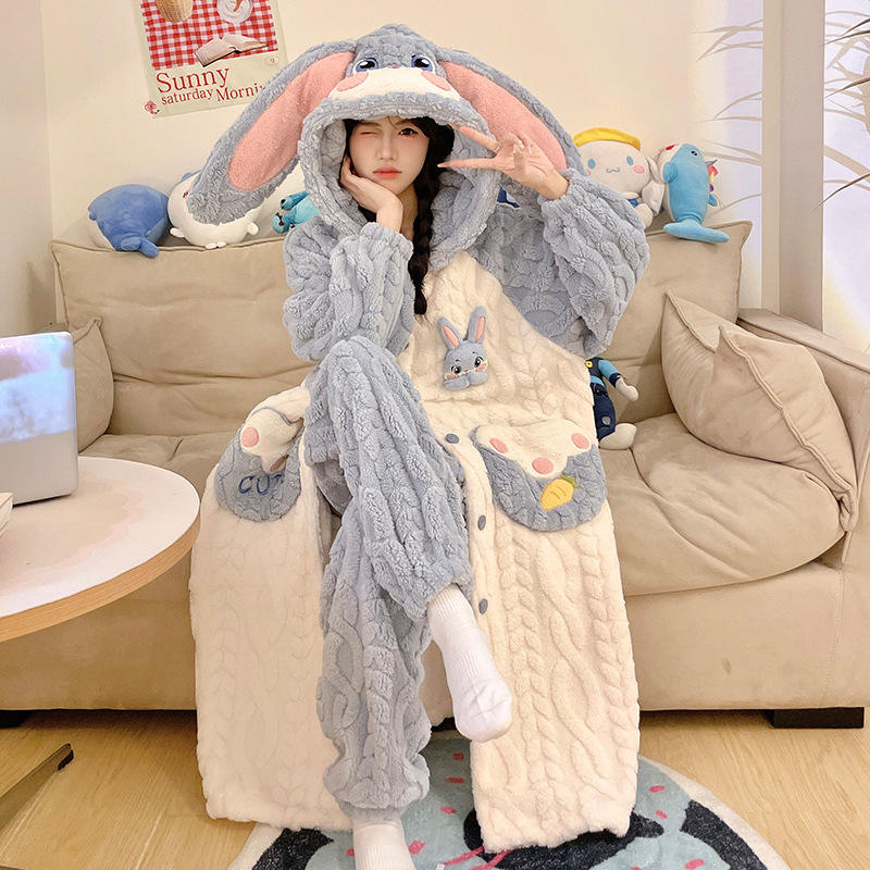 Hooded Cartoon Character Coral Fleece Pajamas Warm Long Sleeves ...