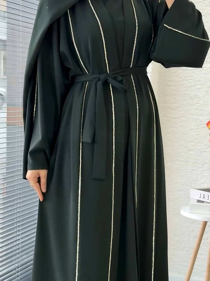 Custom Luxury Rhinestone Trim Tie Belt Muslim Cardigan Outer Robe Abaya ...
