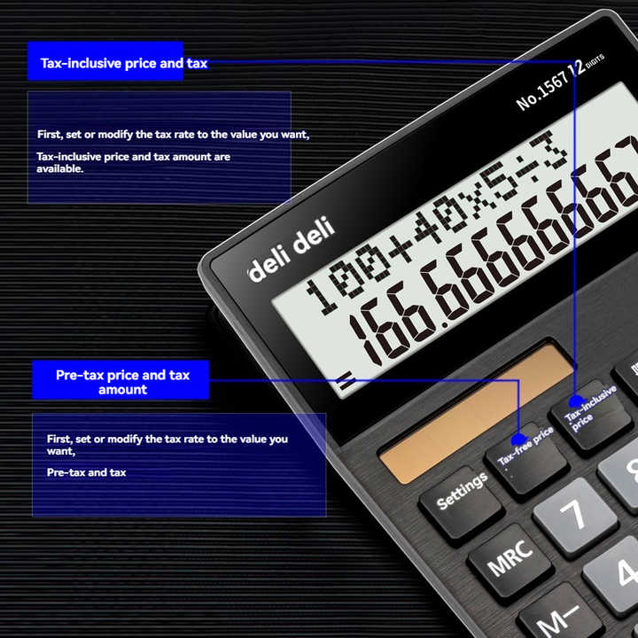 Deli 1567 Double-line Display Calculator Solar Dual Power Tax Rate ...