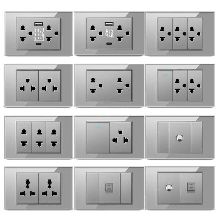 118 Standard Wall Switch Socket Grey Glass Type-c USB Thailand Wall ...