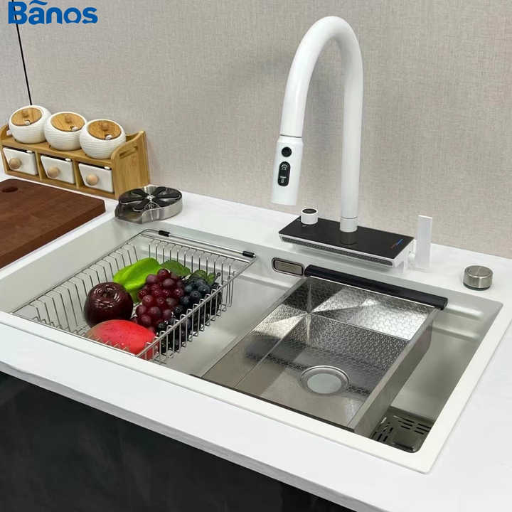 White Nano Stainless Steel Sink with Waterfall Faucet