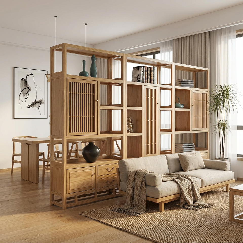 Contemporary Minimalist Wood Room Divider Storage Cabinet with Double ...