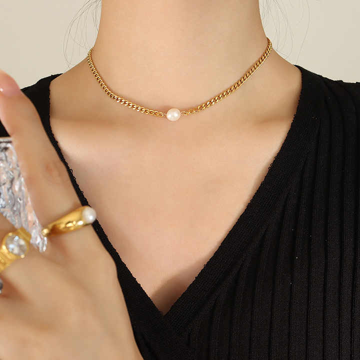 Carline Topsale 18k Gold Plated Stainless Steel Minimalist Simple Single Freshwater Pearl Cuban ...