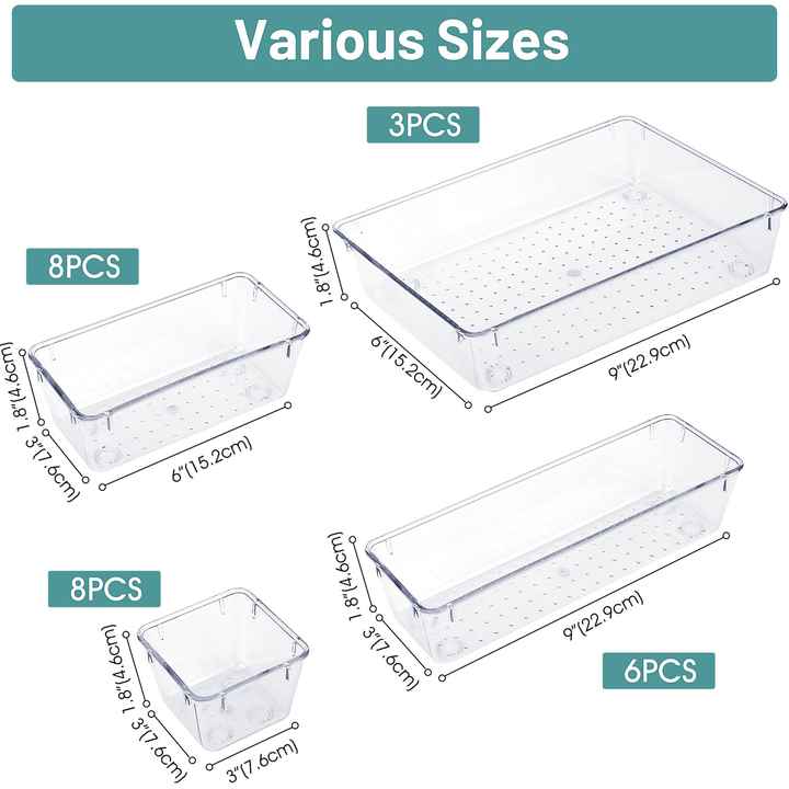 25 PCS Clear Plastic Drawer Organizer Set, 4 Sizes Desk Drawer Divider ...