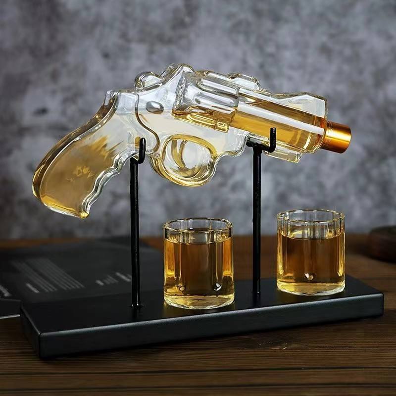 Whiskey Wine Decanter Set - Hand Made Glass Revolver Pistol