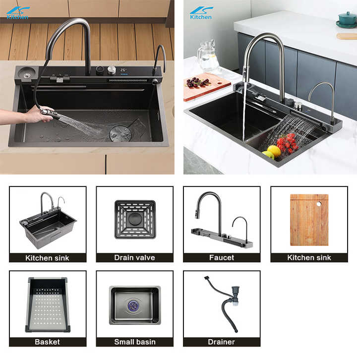 LED Digital Display Waterfall Kitchen Sink - 304 Stainless Steel