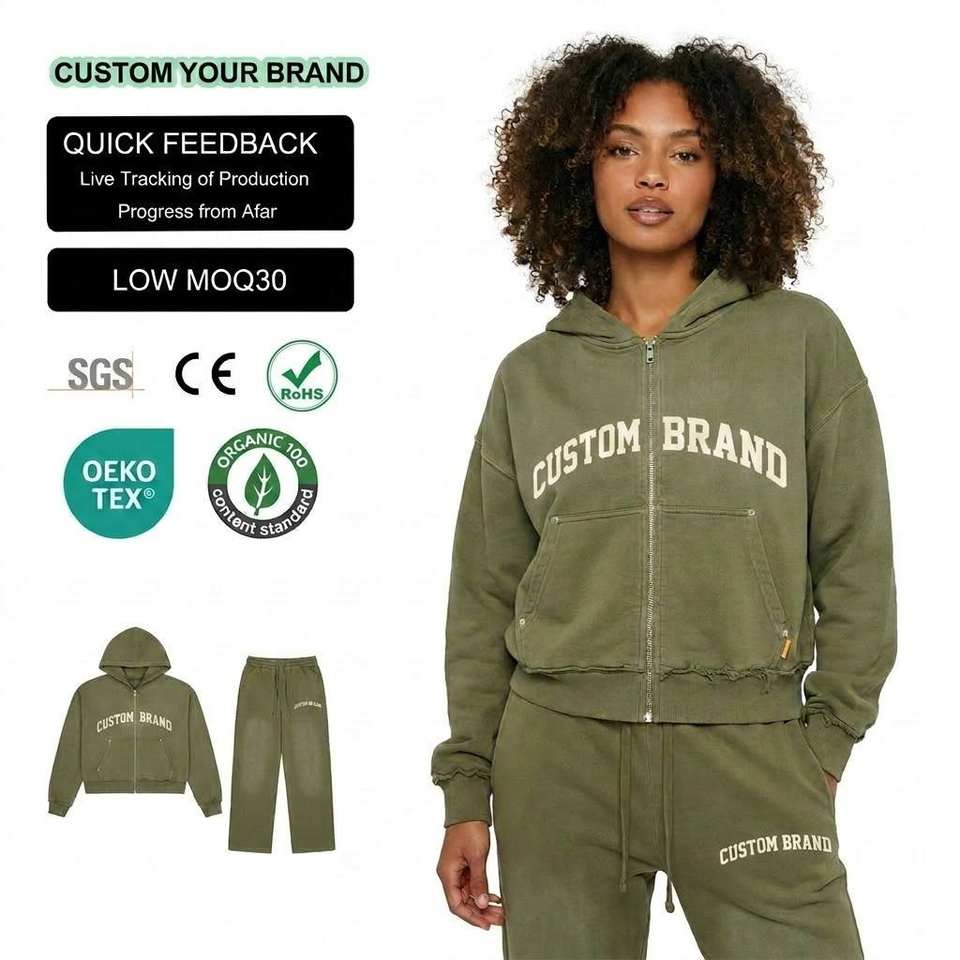 Custom Embroidery Sweatshirt 100% Cotton Thick Fleece Jogger Set Women ...