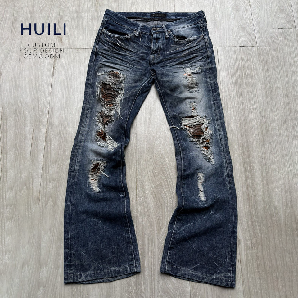 Custom Jeans Regular Fitted Embroidered Chain Punk Style Flared Pants ...