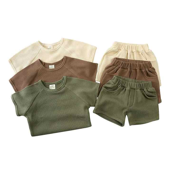 Newborn Kids Waffle Sets - Short Sleeve Top & Shorts