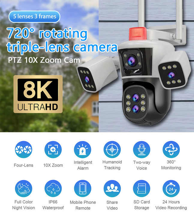 8K Outdoor Four-Lens Three Screens 10x Zoom Camera