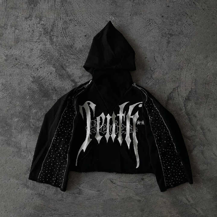Custom Double Zipper Rhinestone Sleeve Pointy Hood Men's Hoodie