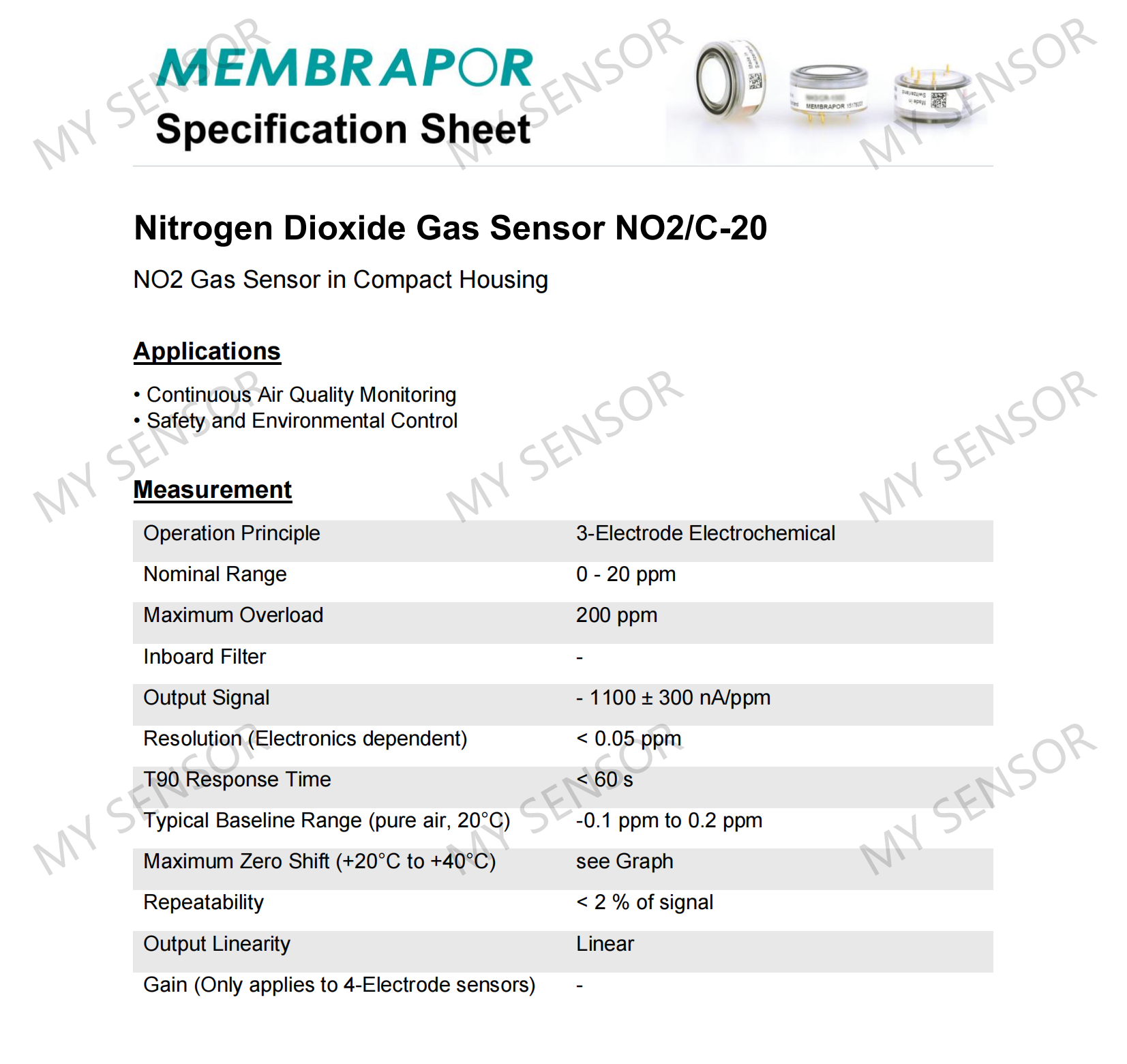 No2/c-20 No2 Dioxide Phạm Vi Cảm Biến 0-20ppm Membrapor Cảm Biến Gas D ...