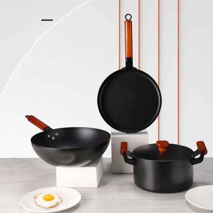 Kitchen Utensils 3Pcs Set Cast Iron Cookware Non-Stick Frying Pan Camping Frying Pan Wok Soup ...