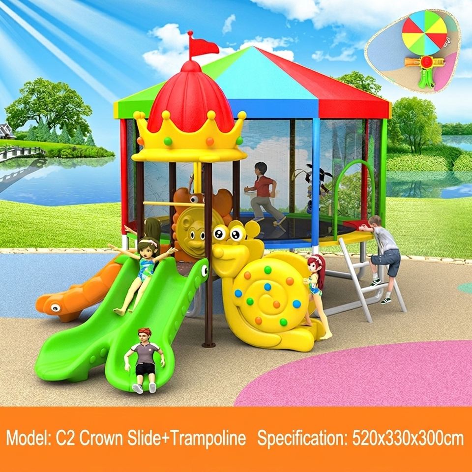 Kids Outdoor Plastic Slide & Trampoline Set-C2 Crown Model Customizable ...