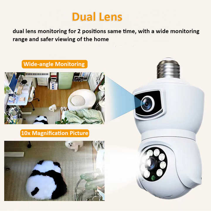 Pan Tilt Security Bulb Camera Dual-Lens Bullet Wireless Wi-Fi CCTV IP Camera 2.4G+5G Dual ...