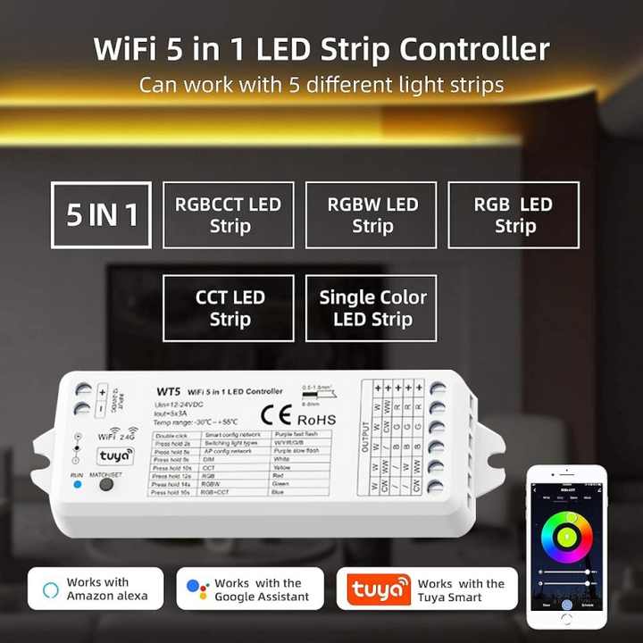WT5 Tuya WiFi LED Controller 5 Channels for CCT RGB RGBW RGBCCT Strip ...
