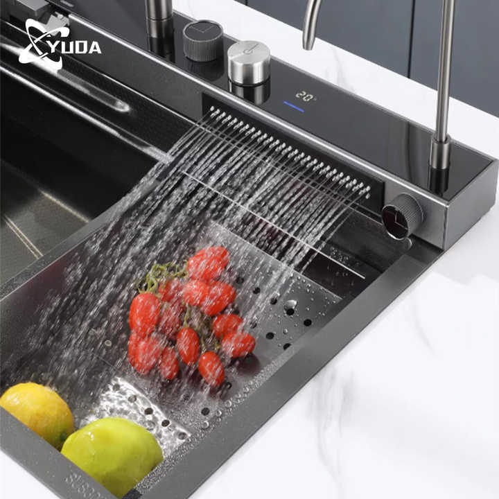 Modern Multifunction Kitchen Sink - Black Waterfall Faucet, Stainless ...