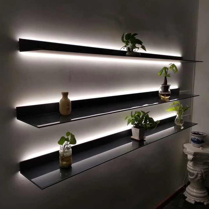 L Shape Wall Mounted LED Display Shelf - Custom Length with Glass or ...