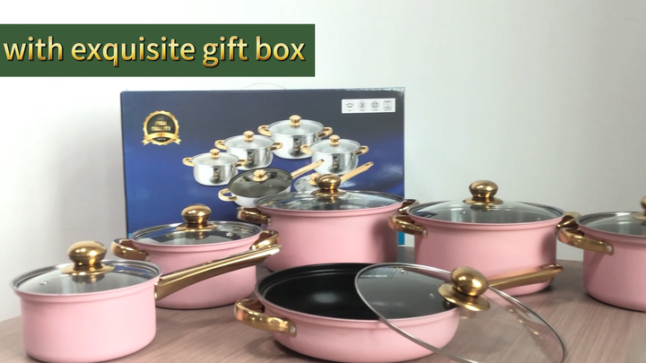 12 Pcs Pink Casseroles Soup Stock Pots Frying Pan Set