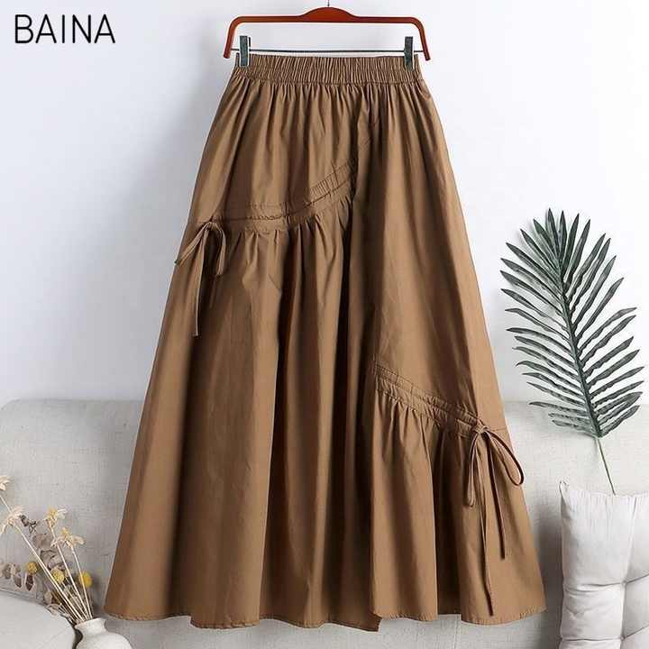 Women Summer Pleated Elastic Waist Solid Lady Elegant Drawstring A-Line ...