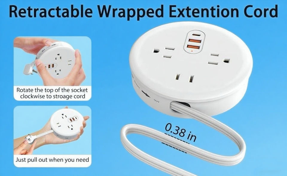 US Standard 3 AC OUTLET Disc Plug Socket Freely Retractable Hook Surge ...