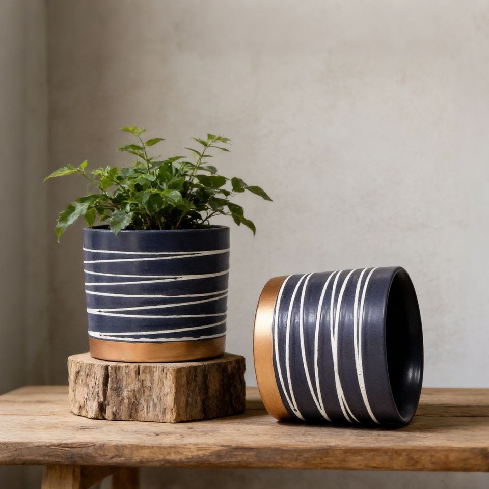 Striped Ceramic Plant Pot Set with Electroplated Gold Base - Modern Two ...