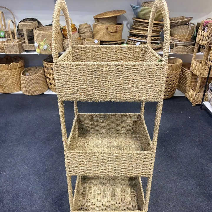 3-Tier Natural Seagrass Woven Floor-Standing Shelf Storage Basket Water ...