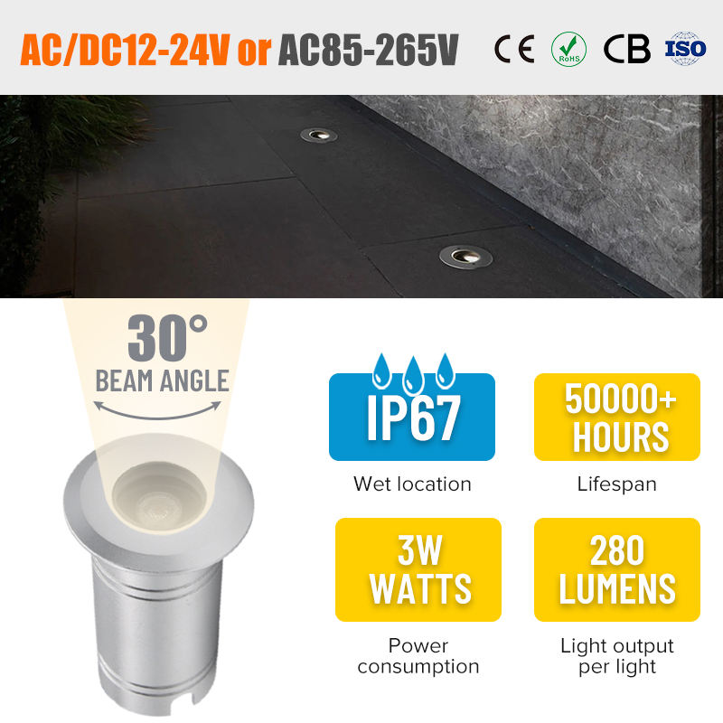 3W IP67 Mini Inground Lamp Outdoor Underground Light Deck Lamp Recessed ...