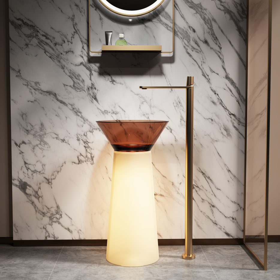 Eco-Friendly Resin Solid Stone Pedestal Sink with LED Bathroom Basin ...