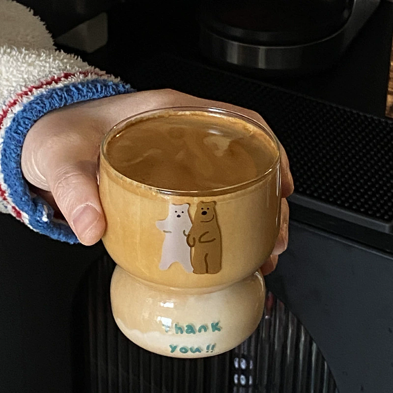 Hand Drawn Cartoon Bear Glass Mug Ins Aesthetic High Borosilicate ...